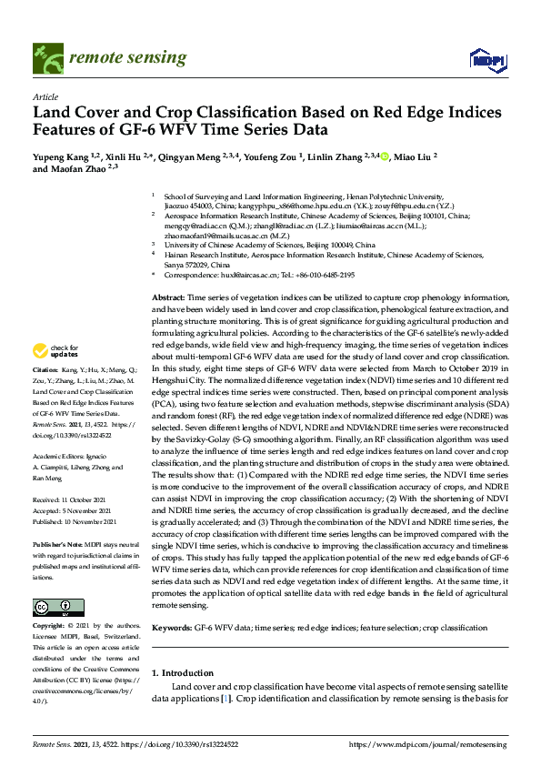 (PDF) Land Cover and Crop Classification Based on Red Edge Indices Features of GF-6 WFV Time ...
