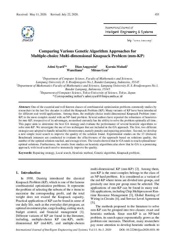 (PDF) Comparing Various Genetic Algorithm Approaches for Multiple-choice Multi-dimensional ...