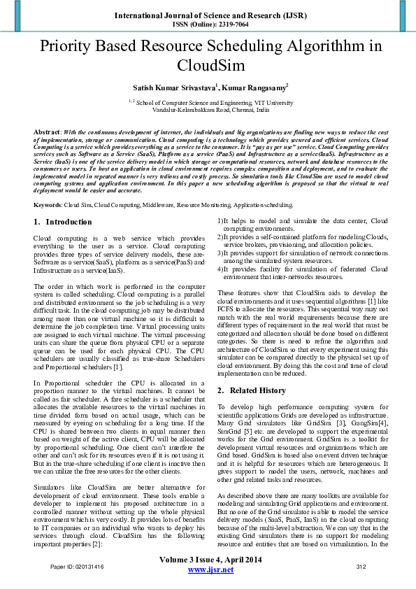 (PDF) Priority Based Resource Scheduling Algorithhm in CloudSim