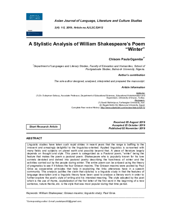 (PDF) A Stylistic Analysis of William Shakespeare’s Poem “Winter”