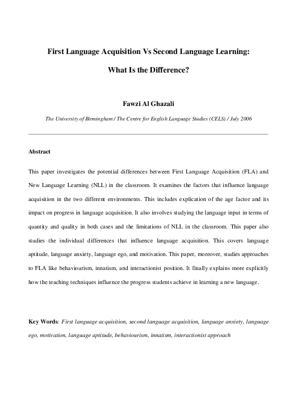 (PDF) First language acquisition vs second language learning: What is the difference?
