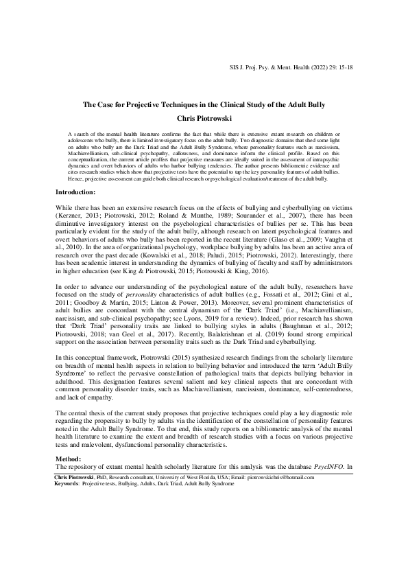 (PDF) The Case for Projective Techniques in the Clinical Study of the Adult Bully