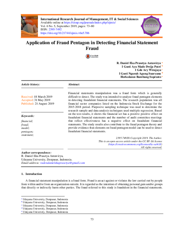 (PDF) Application of fraud pentagon in detecting financial statement fraud