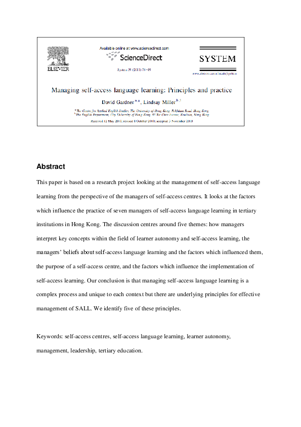 (PDF) Managing self-access language learning: Principles and practice ...