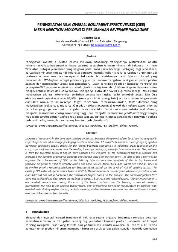 (PDF) Peningkatan Nilai Overall Equipment Effectiveness (Oee) Mesin Injection Molding DI ...