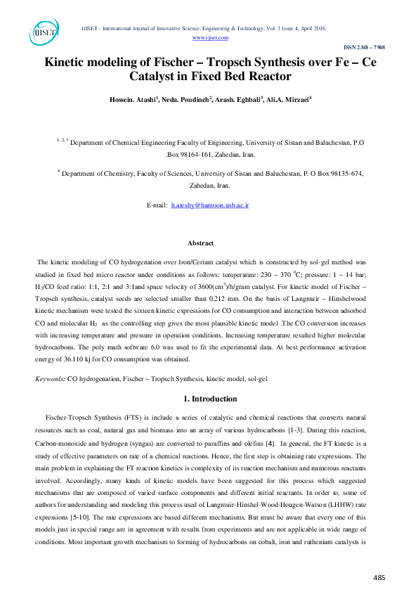 (PDF) Kinetic modeling of Fischer – Tropsch Synthesis over Fe – Ce ...
