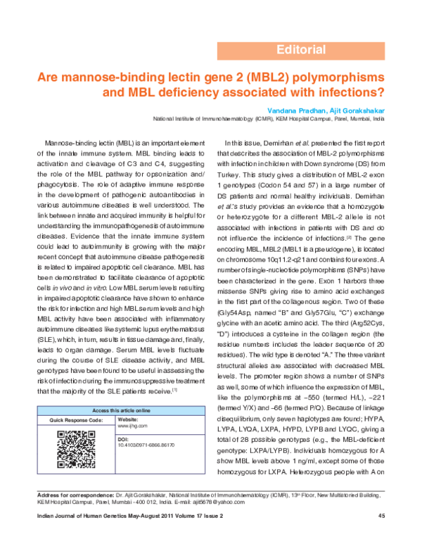 (PDF) MBL2 Polymorphisms and Infection Risk in DS