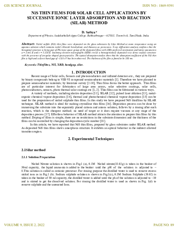 (PDF) NiS THIN FILMS FOR SOLAR CELL APPLICATIONS BY SUCCESSIVE IONIC ...