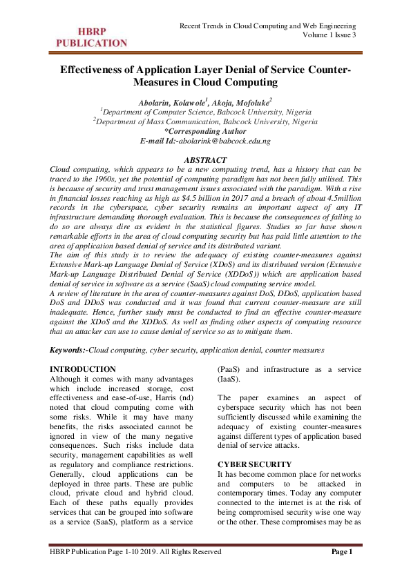 (PDF) Effectiveness of Application Layer Denial of Service Counter ...