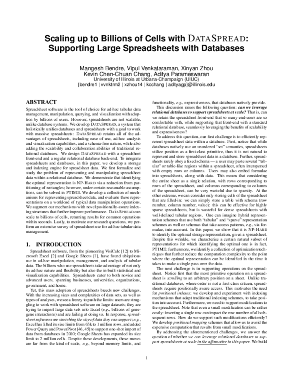 (PDF) Scaling up to Billions of Cells with DATASPREAD : Supporting Large Spreadsheets with Databases