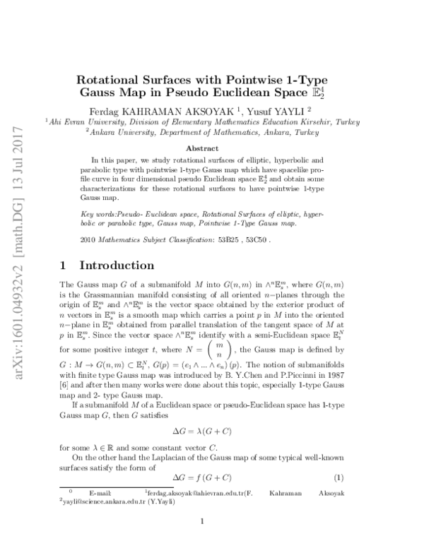 Pdf Rotational Surfaces With Pointwise 1 Type Gauss Map In Pseudo