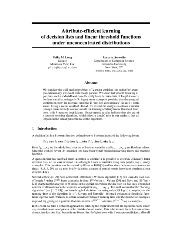 (PDF) Attribute-efficient learningof decision lists and linear threshold functions under ...