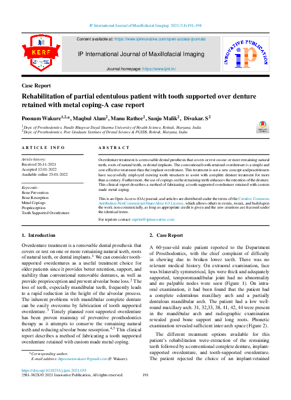(PDF) Rehabilitation of partial edentulous patient with tooth supported ...