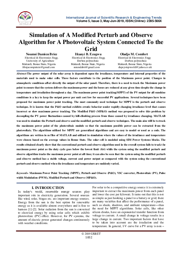 Pdf Simulation Of A Modified Perturb And Observe Algorithm For A Photovoltaic System Connected