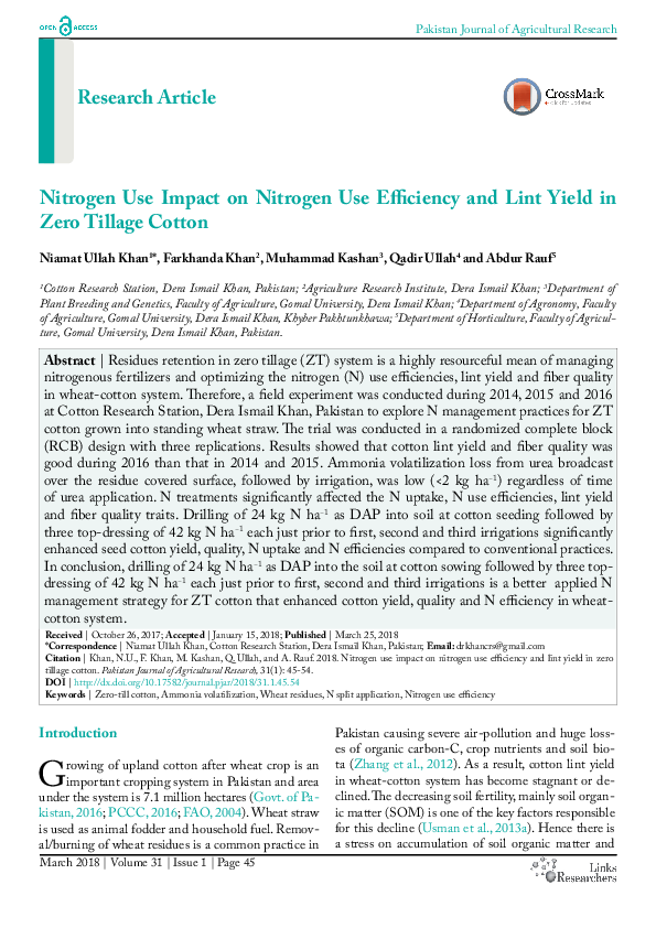 (PDF) Nitrogen Use Impact on Nitrogen Use Efficiency and Lint Yield in ...