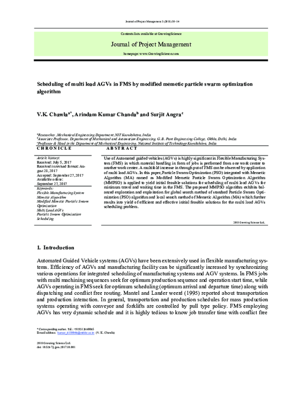Pdf Scheduling Of Multi Load Agvs In Fms By Modified Memetic Particle Swarm Optimization Algorithm