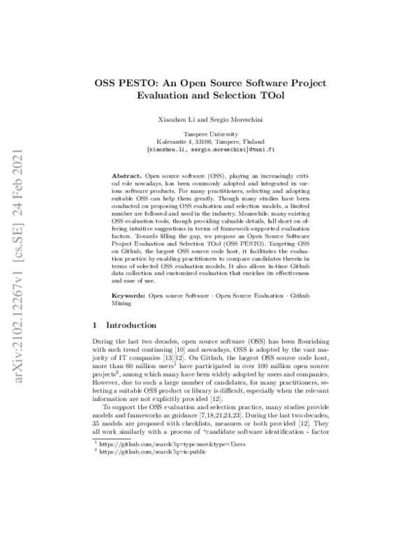 (PDF) OSS PESTO: Tool for Evaluating Open Source Software