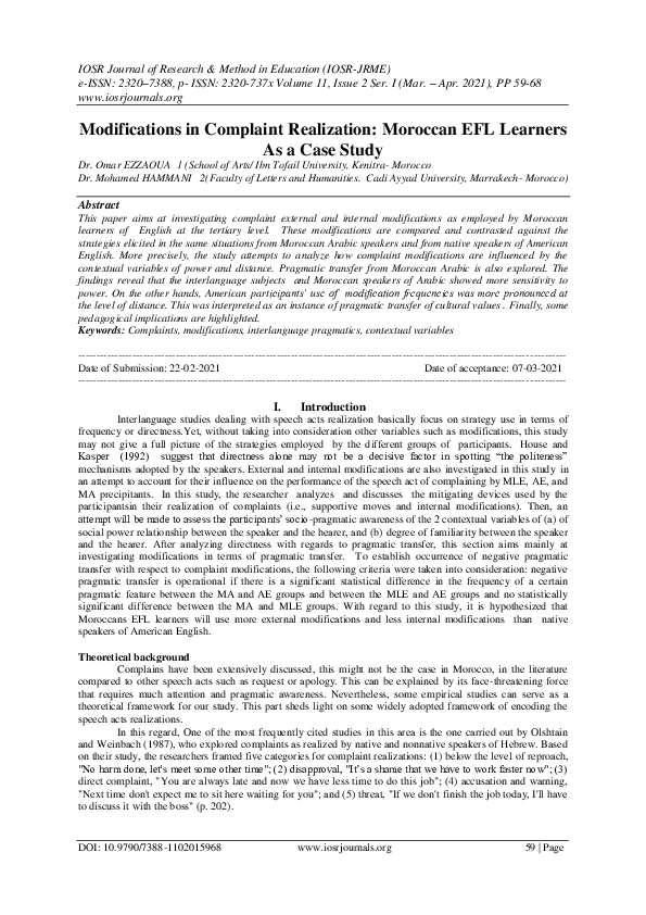 (PDF) Modifications in Complaint Realization: Moroccan EFL Learners As ...
