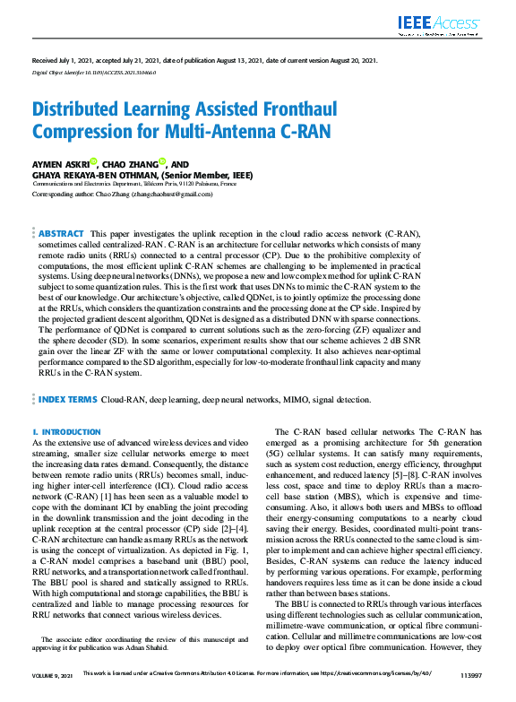 (PDF) Distributed Learning Assisted Fronthaul Compression for Multi-Antenna C-RAN