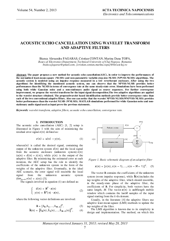 (PDF) Acoustic Echo Cancellation Using Wavelet Transform and Adaptive Filters