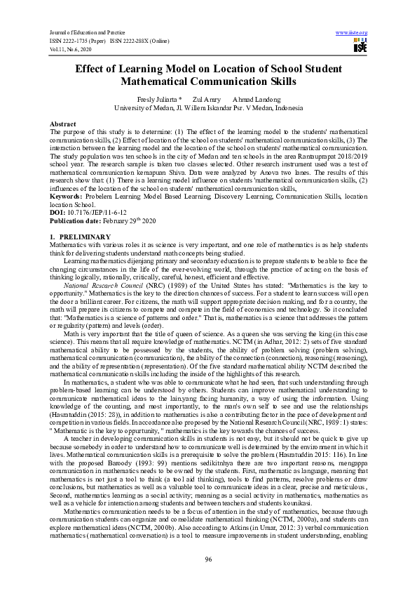 (PDF) Effect of Learning Model on Location of School Student Mathematical Communication Skills ...