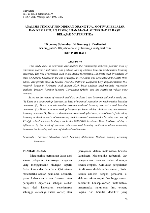 (PDF) Analisis Tingkat Pendidikan Orang Tua, Motivasi Belajar, Dan ...