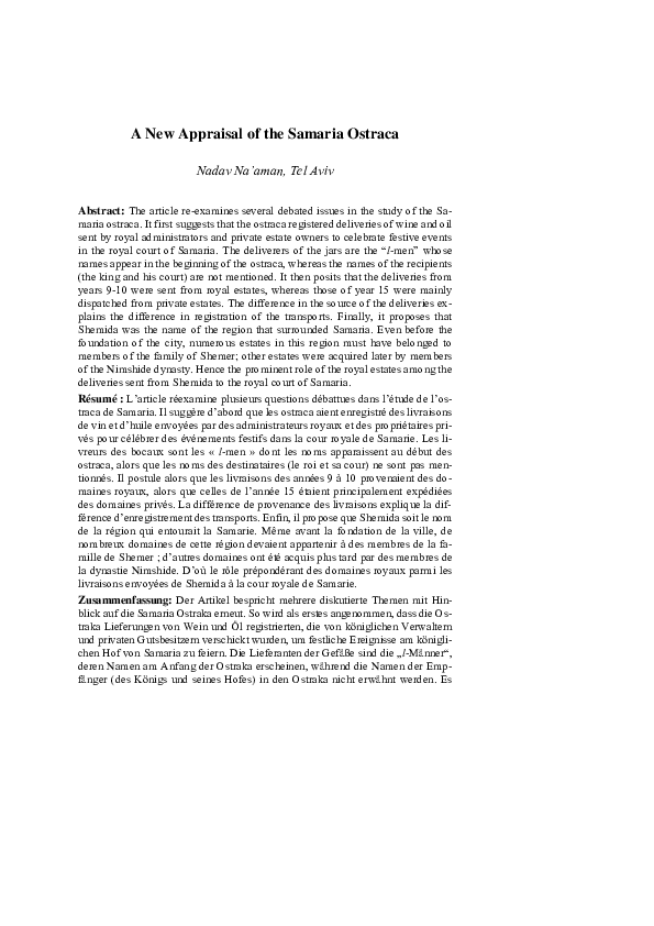 (PDF) A New Appraisal of the Samaria Ostraca