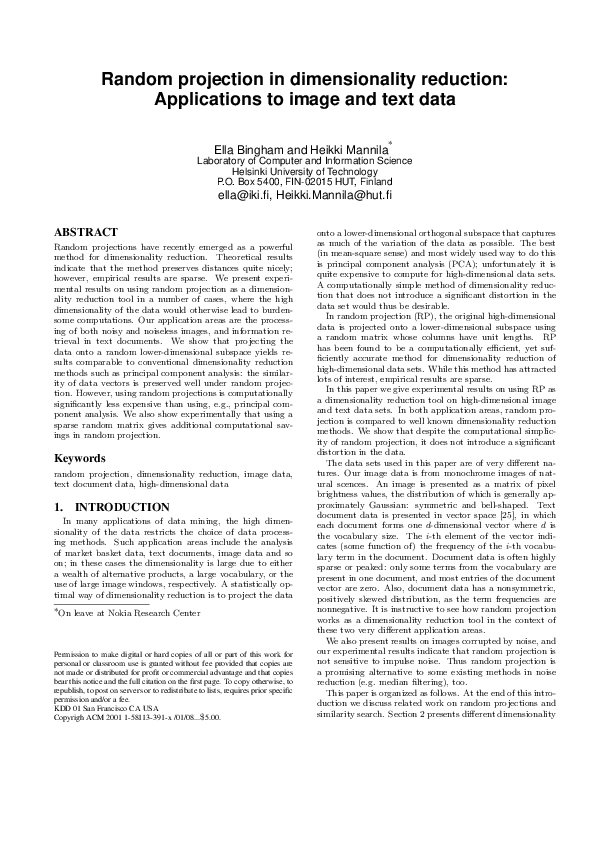 Pdf Random Projection In Dimensionality Reduction Applications To