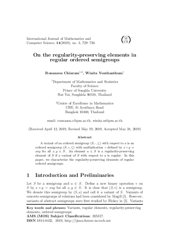 (PDF) On the regularity-preserving elements in regular ordered semigroups