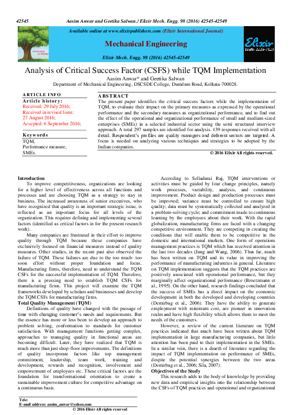 (PDF) Analysis of Critical Success Factor ( CSFS ) while TQM Implementation