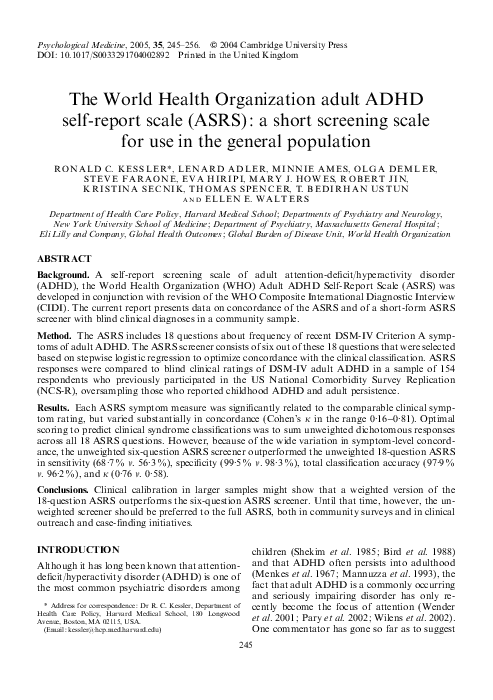 (PDF) The World Health Organization Adult ADHD Self-Report Scale (ASRS ...