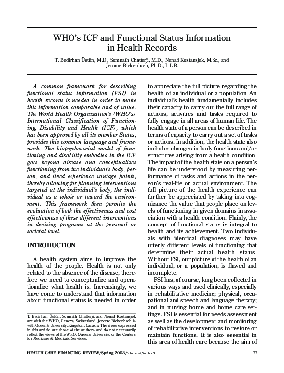 (PDF) WHO's ICF and functional status information in health records