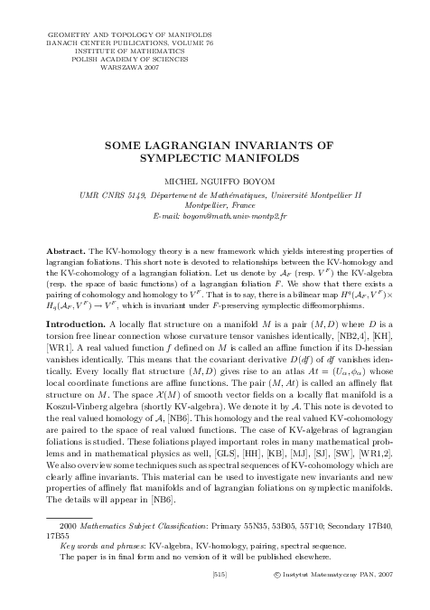(PDF) Some lagrangian invariants of symplectic manifolds
