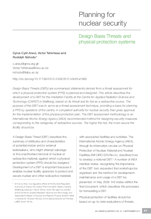(PDF) Planning for nuclear security: Design Basis Threats and physical ...
