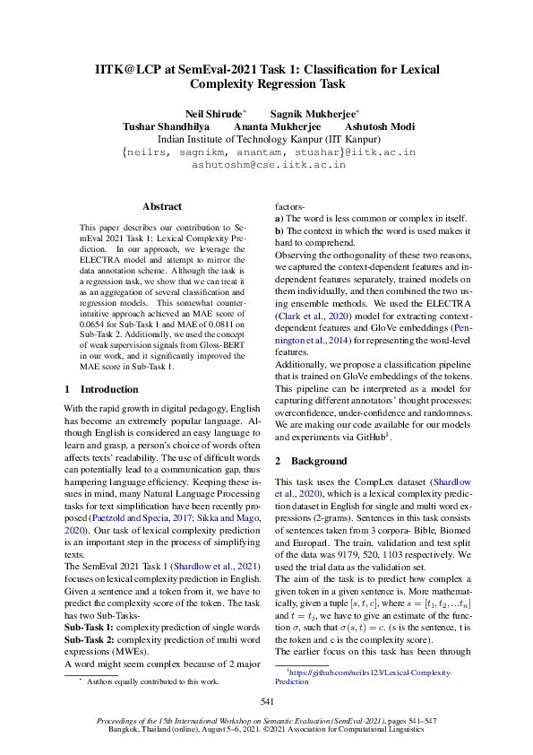 (PDF) IITK@LCP at SemEval-2021 Task 1: Classification for Lexical Complexity Regression Task