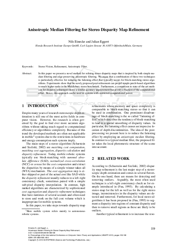 Pdf Anisotropic Median Filtering For Stereo Disparity Map Refinement