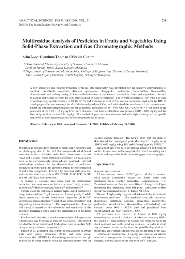 (PDF) Multiresidue Analysis of Pesticides in Fruits and Vegetables Using SolidPhase Extraction ...