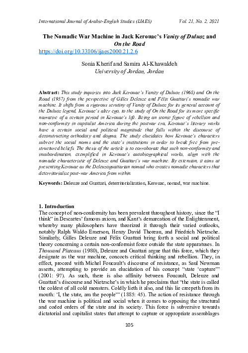 (PDF) The Nomadic War Machine in Jack Kerouac’s Vanity of Duluoz and On ...
