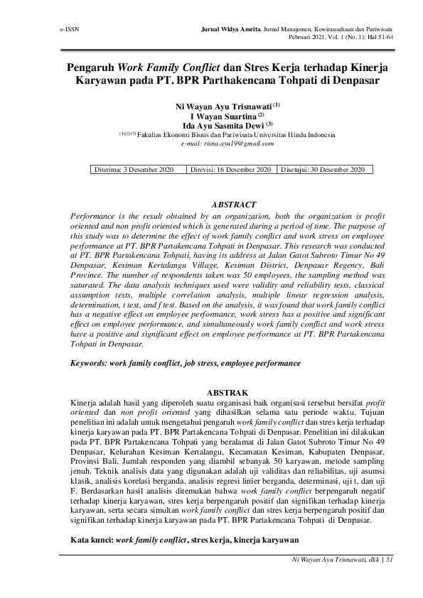 (PDF) Pengaruh Work Family Conflict dan Stres Kerja terhadap Kinerja Karyawan pada PT. BPR ...