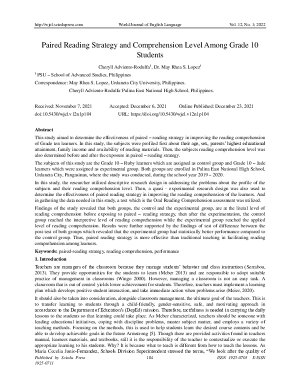 (PDF) Paired Reading Strategy and Comprehension Level Among Grade 10 ...