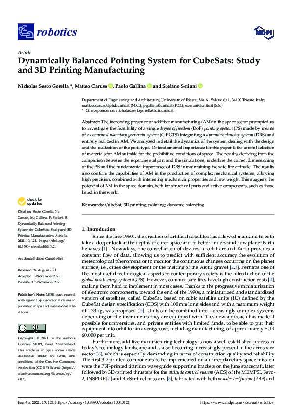 (PDF) Dynamically Balanced Pointing System for CubeSats: Study and 3D Printing Manufacturing