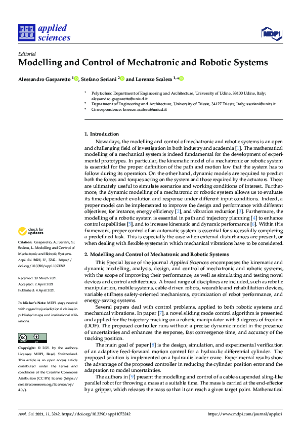 Pdf Modelling And Control Of Mechatronic And Robotic Systems