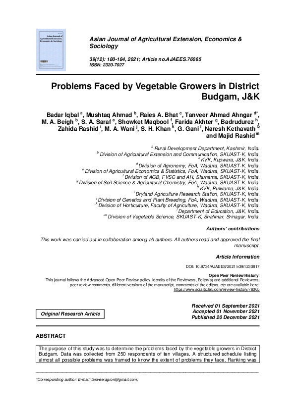 (PDF) Problems Faced by Vegetable Growers in District Budgam, J