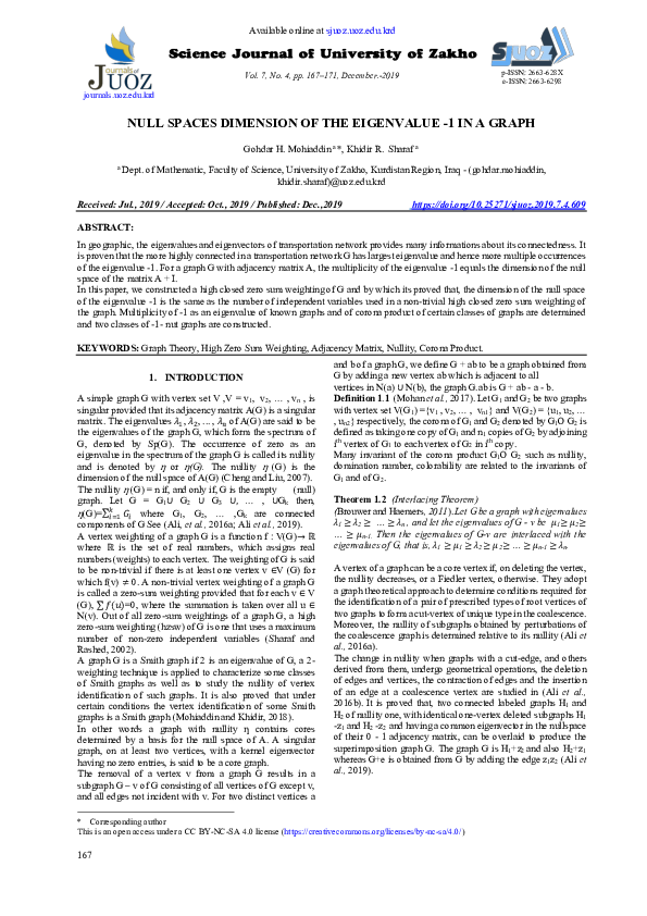 (PDF) Null Spaces Dimension of the Eigenvalue -1 in a Graph