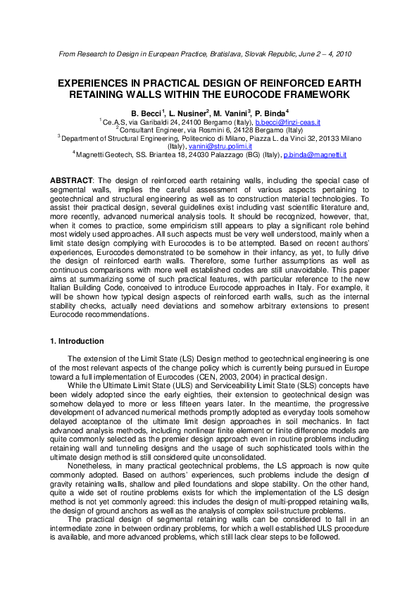 (PDF) Experiences in Practical Design of Reinforced Earth Retaining ...