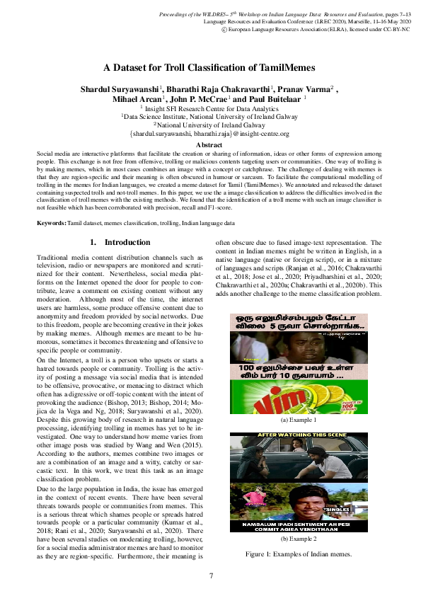 (PDF) A Dataset for Troll Classification of TamilMemes
