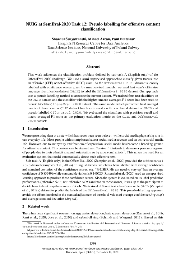 Pdf Nuig At Semeval 2020 Task 12 Pseudo Labelling For Offensive Content Classification