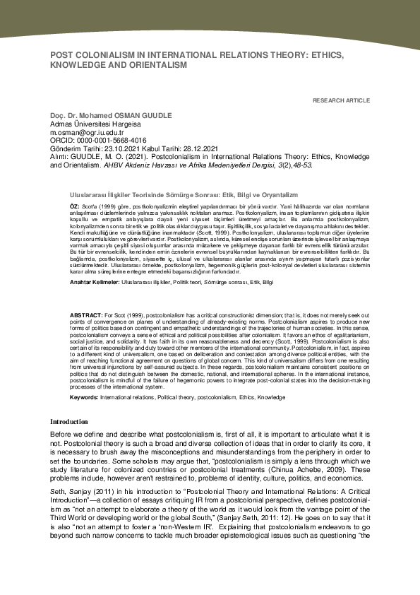 (PDF) Post colonialism in International Relations Theory: Ethics ...