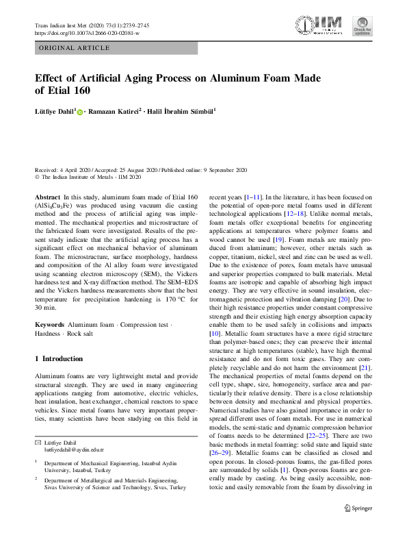 (PDF) Effect of Artificial Aging Process on Aluminum Foam Made of Etial 160