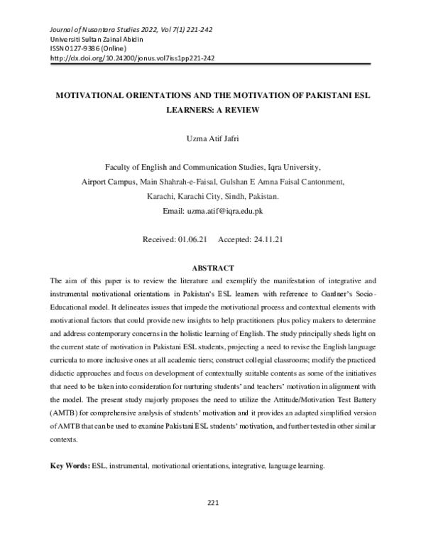 (PDF) Motivational Orientations and the Motivation of Pakistani Esl Learners: A Review